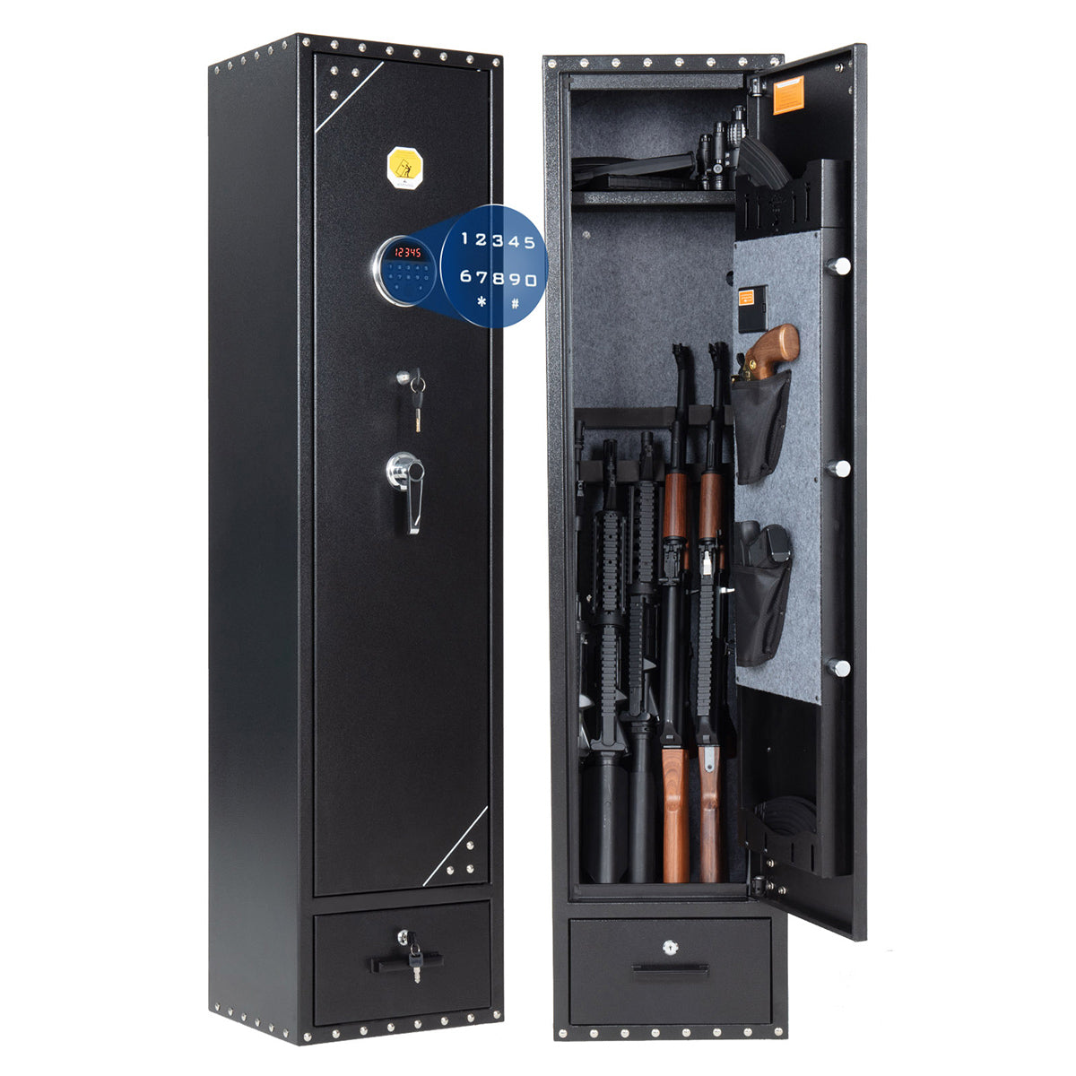 SE0105 Rifle Safe, 6 Long Gun Cabinet Keypad Separate Drawer – Blacksmith