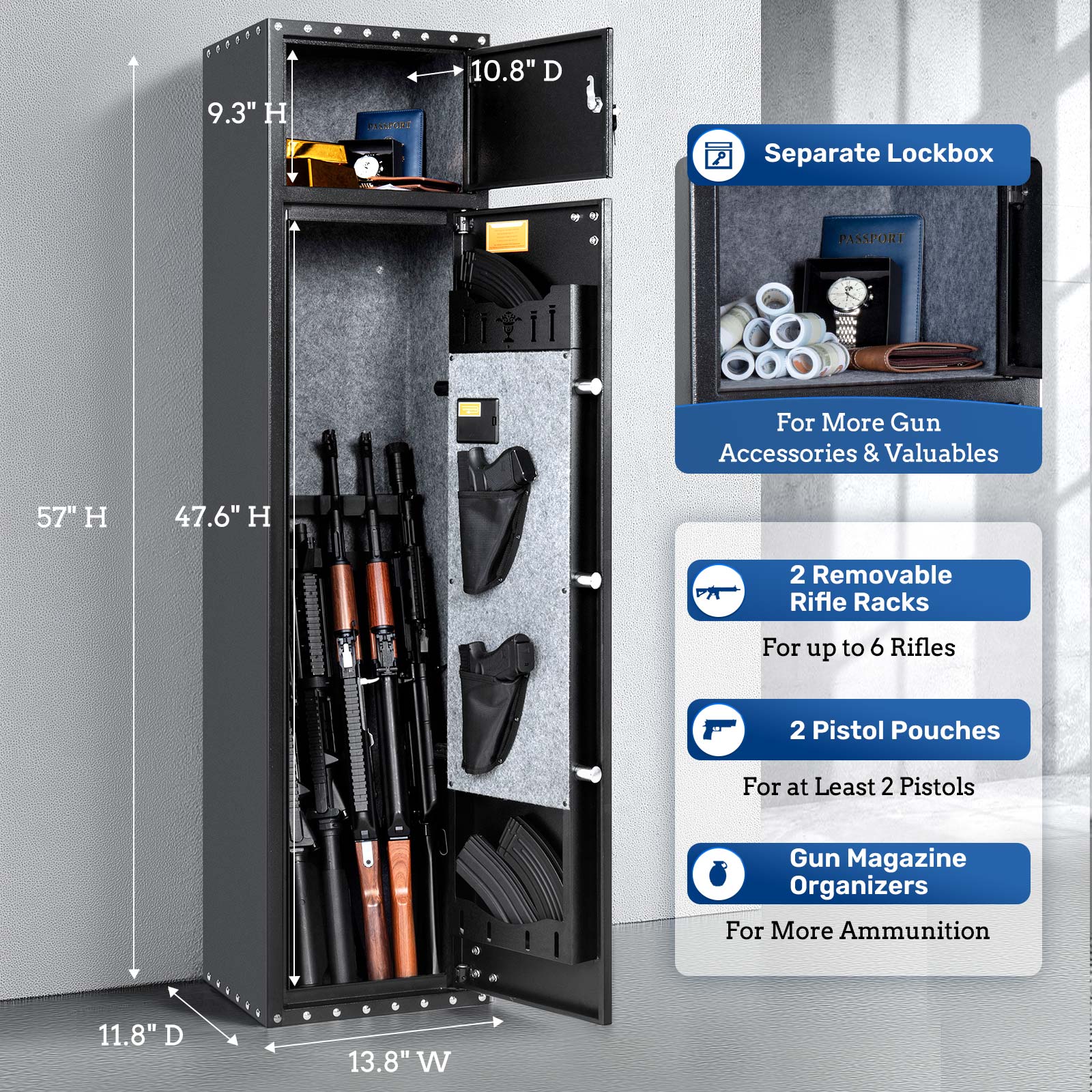 Rifle Safe, 6 Long Gun Keypad Separate Lockbox - Blacksmith