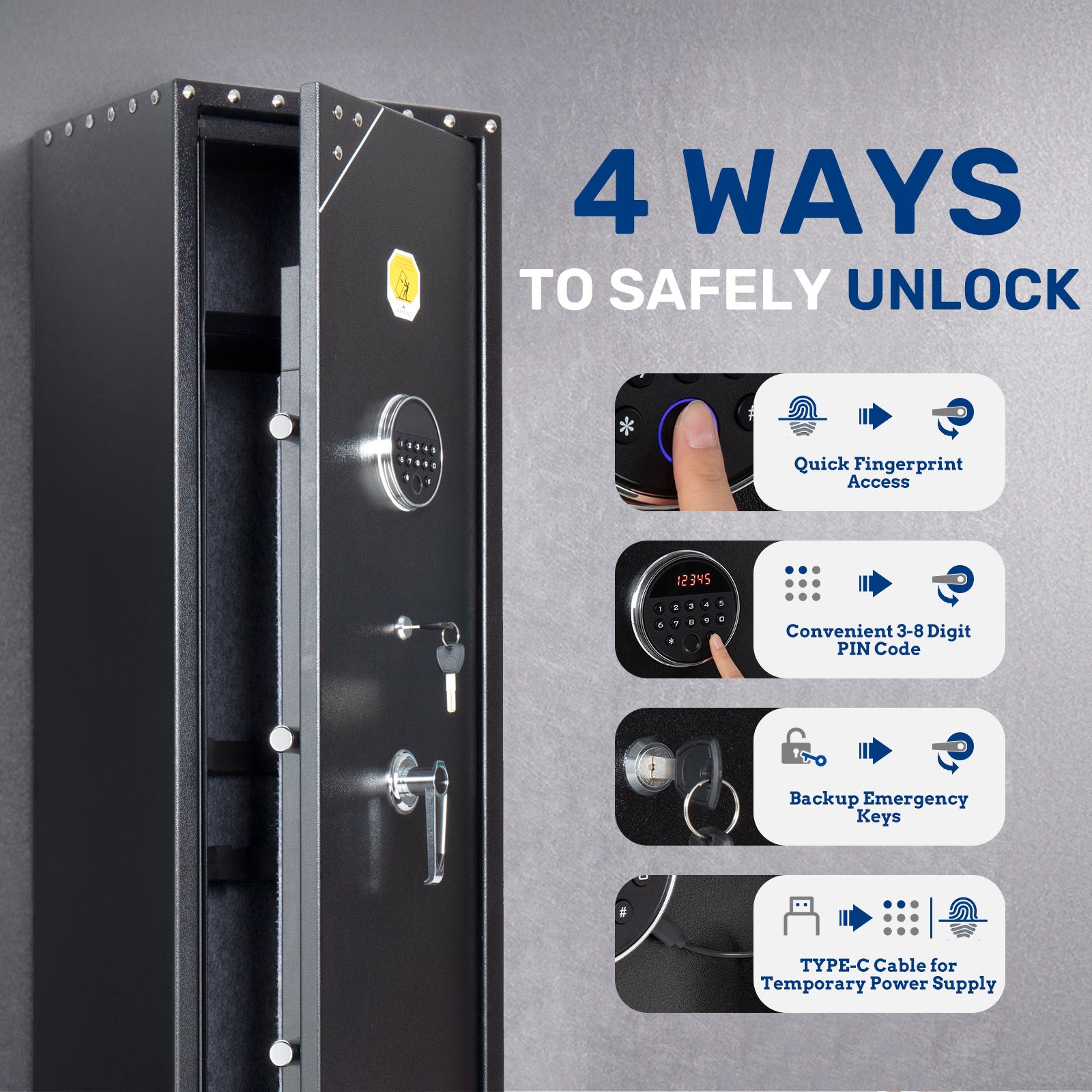 Rifle Safe, 6 Long Gun Fingerprint Separate Drawer - Blacksmith