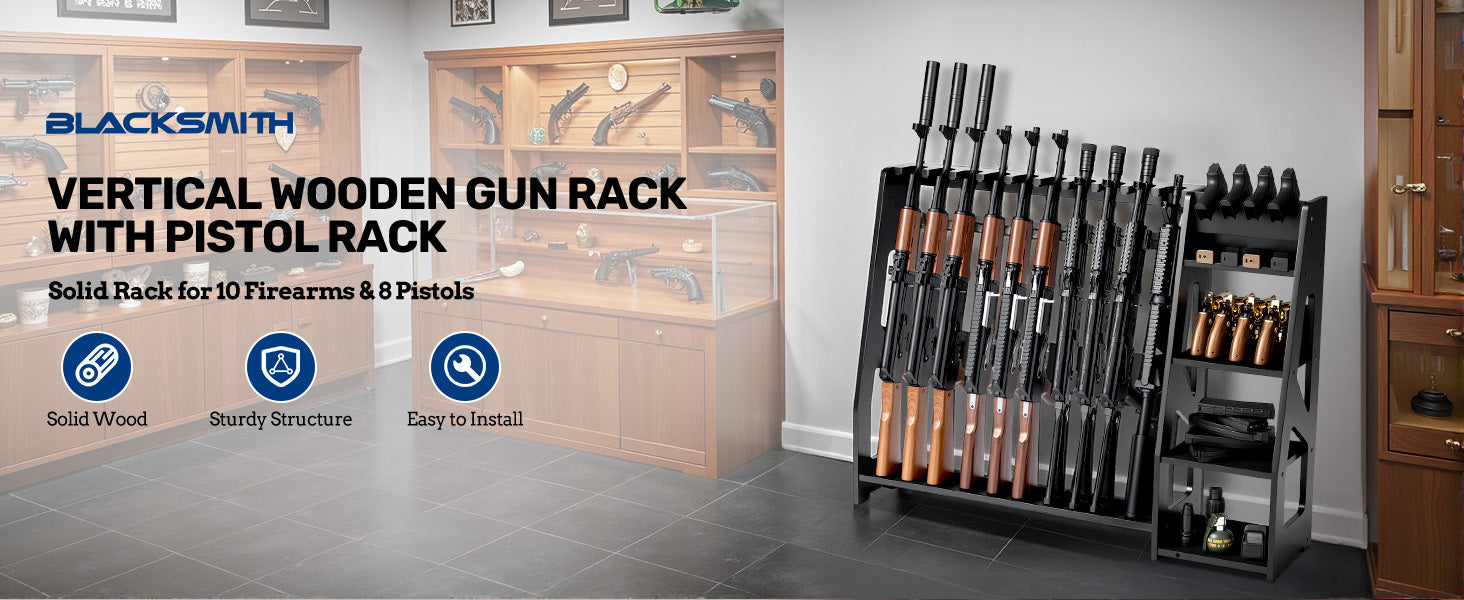 Gun Racks, 10 Rifle Floor Standing with Pistol Shelves - Blacksmith